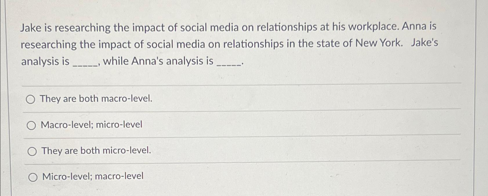 Solved Jake is researching the impact of social media on | Chegg.com