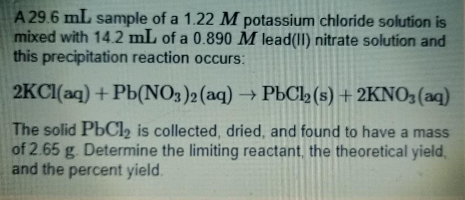 Solved A 29.6 mL sample of a 1.22 M potassium chloride | Chegg.com