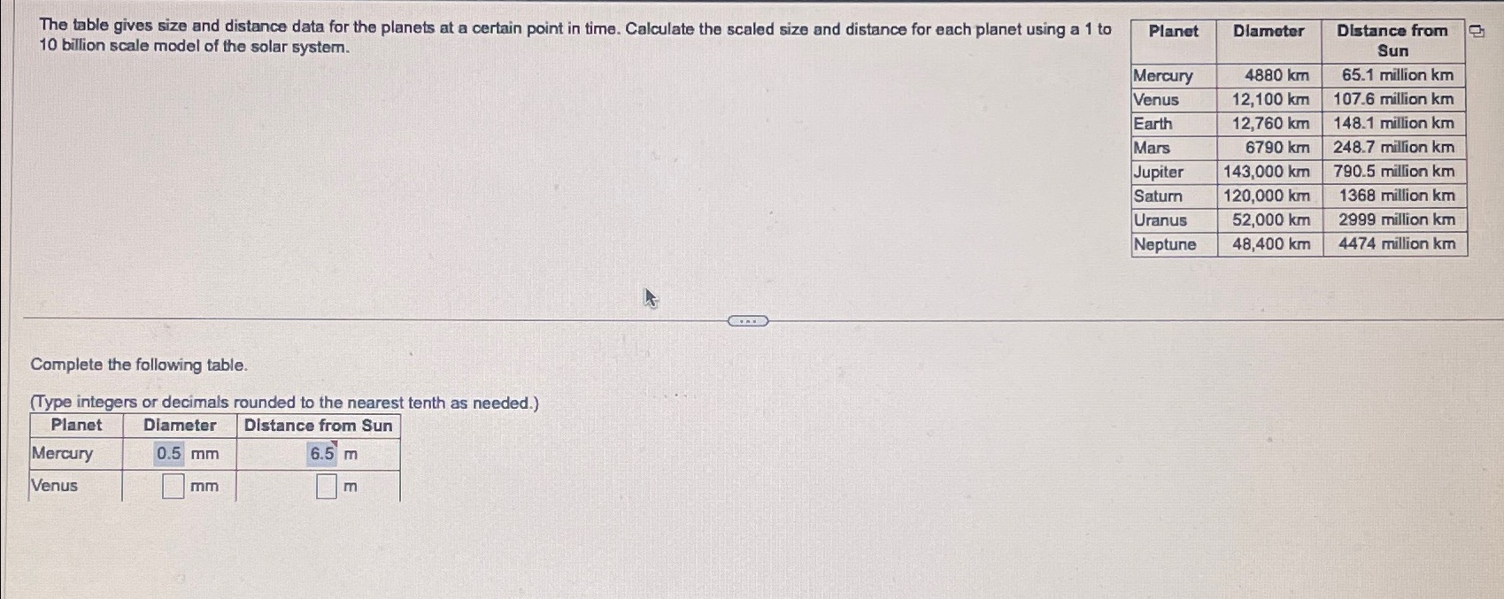 Solved The table gives size and distance data for the | Chegg.com