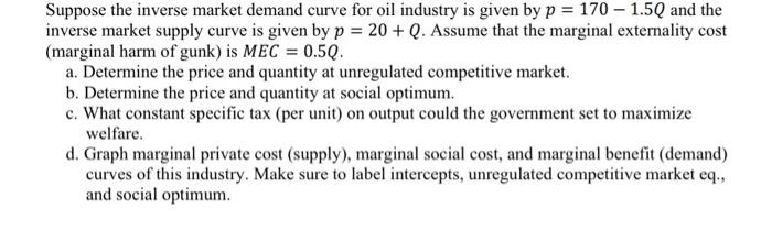 Solved Suppose the inverse market demand curve for oil | Chegg.com