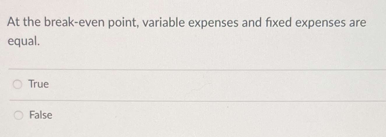 Solved At the break-even point, variable expenses and fixed | Chegg.com
