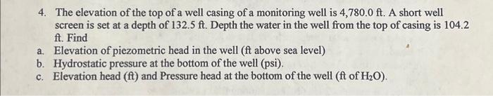 Solved 4. The elevation of the top of a well casing of a | Chegg.com