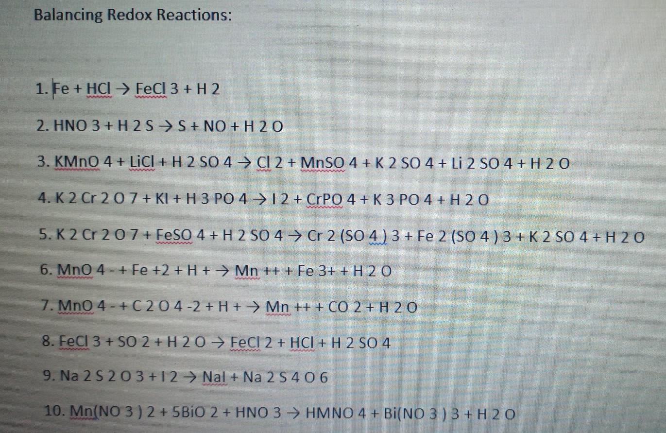 Solved Balancing Redox Reactions: 1. Fe + HCI > FeCl 3 + H2 | Chegg.com