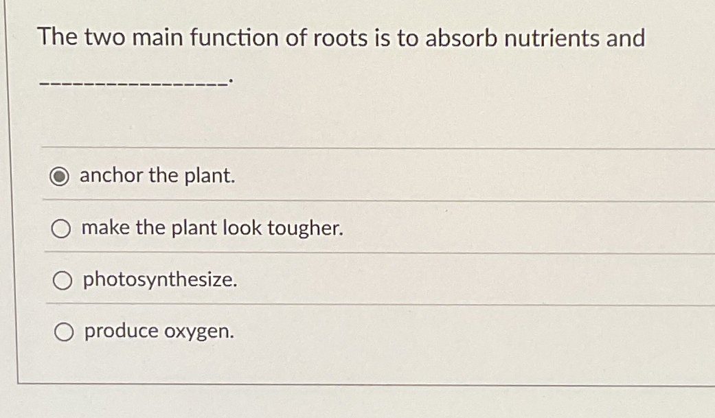 Solved The two main function of roots is to absorb nutrients | Chegg.com