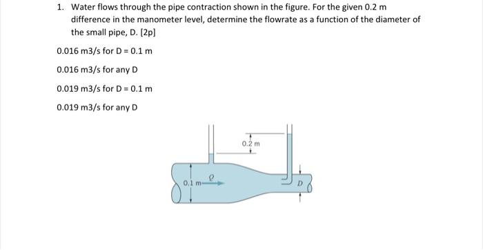Solved 1. Water flows through the pipe contraction shown in | Chegg.com
