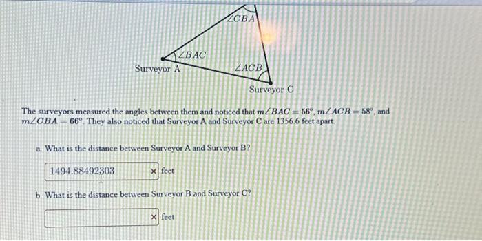 Solved The surveyors measured the angles between them and | Chegg.com