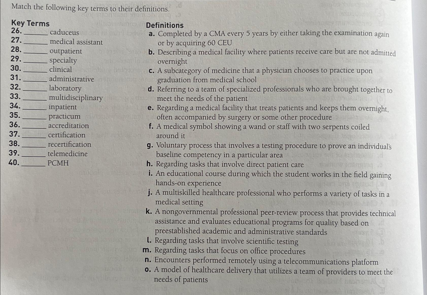 Solved Match the following key terms to their | Chegg.com