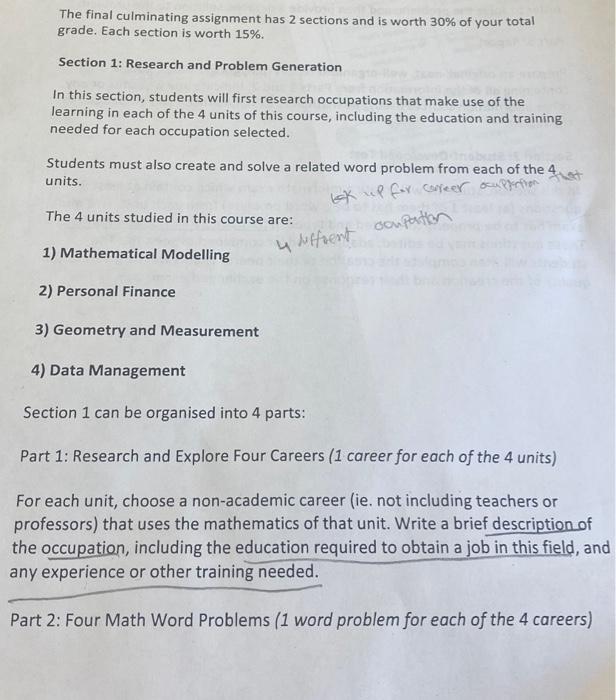 Solved The final culminating assignment has 2 sections and | Chegg.com