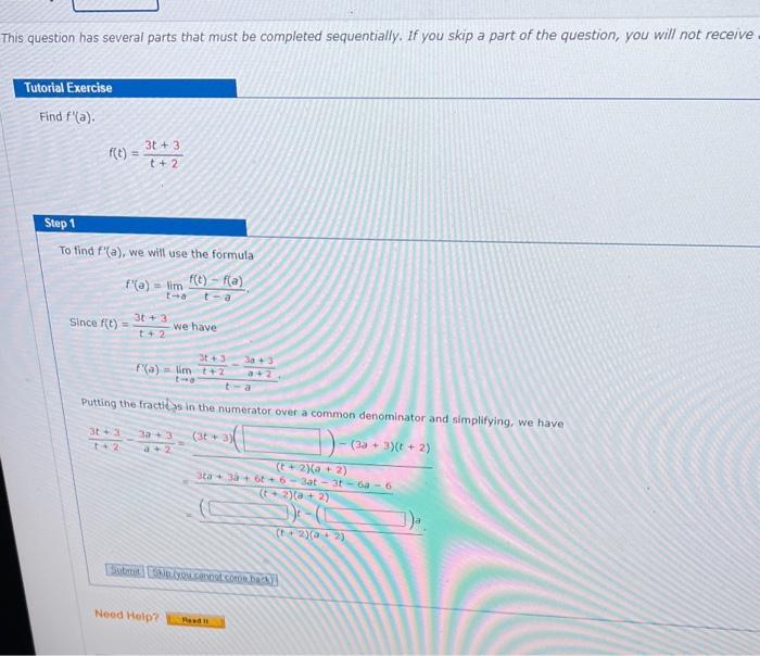 Solved Tutorial Exercise Find f′(a). f(t)=t+23t+3 Step 1 To | Chegg.com