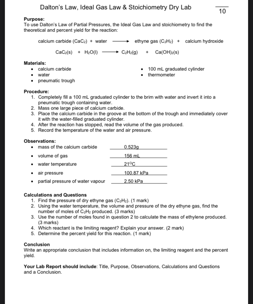 Solved Dalton's Law, Ideal Gas Law & Stoichiometry Dry | Chegg.com
