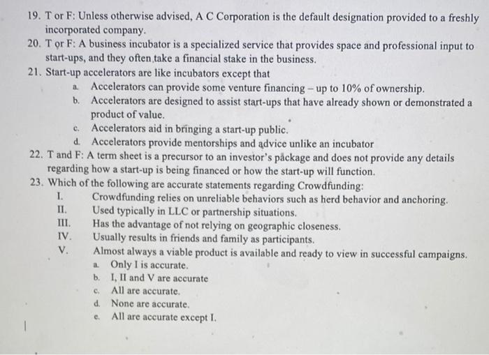 Solved 19. T or F: Unless otherwise advised, A C Corporation | Chegg.com