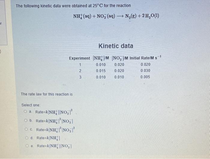 Solved The following kinetic data were obtained at 25∘C for | Chegg.com