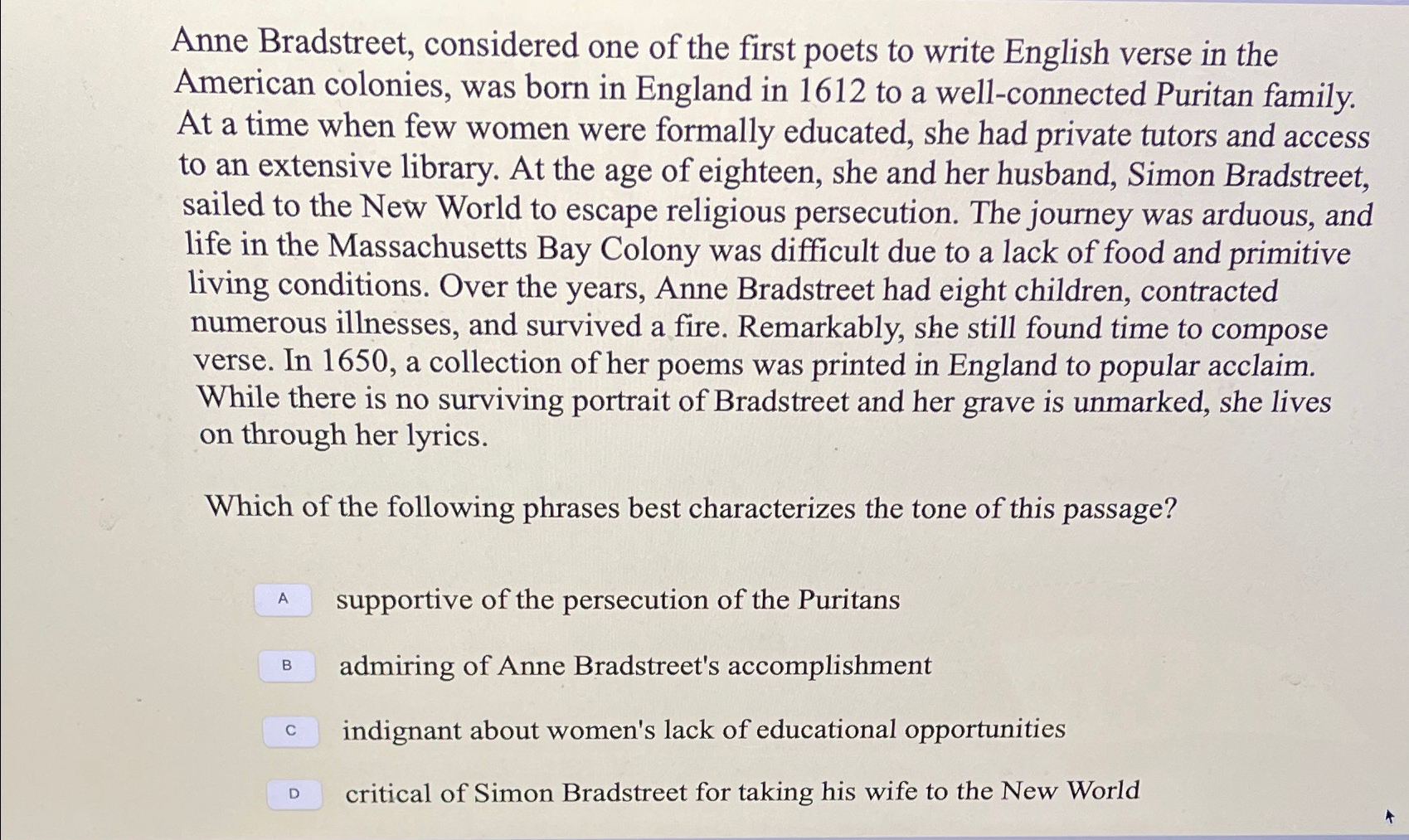 Solved Anne Bradstreet, considered one of the first poets to | Chegg.com