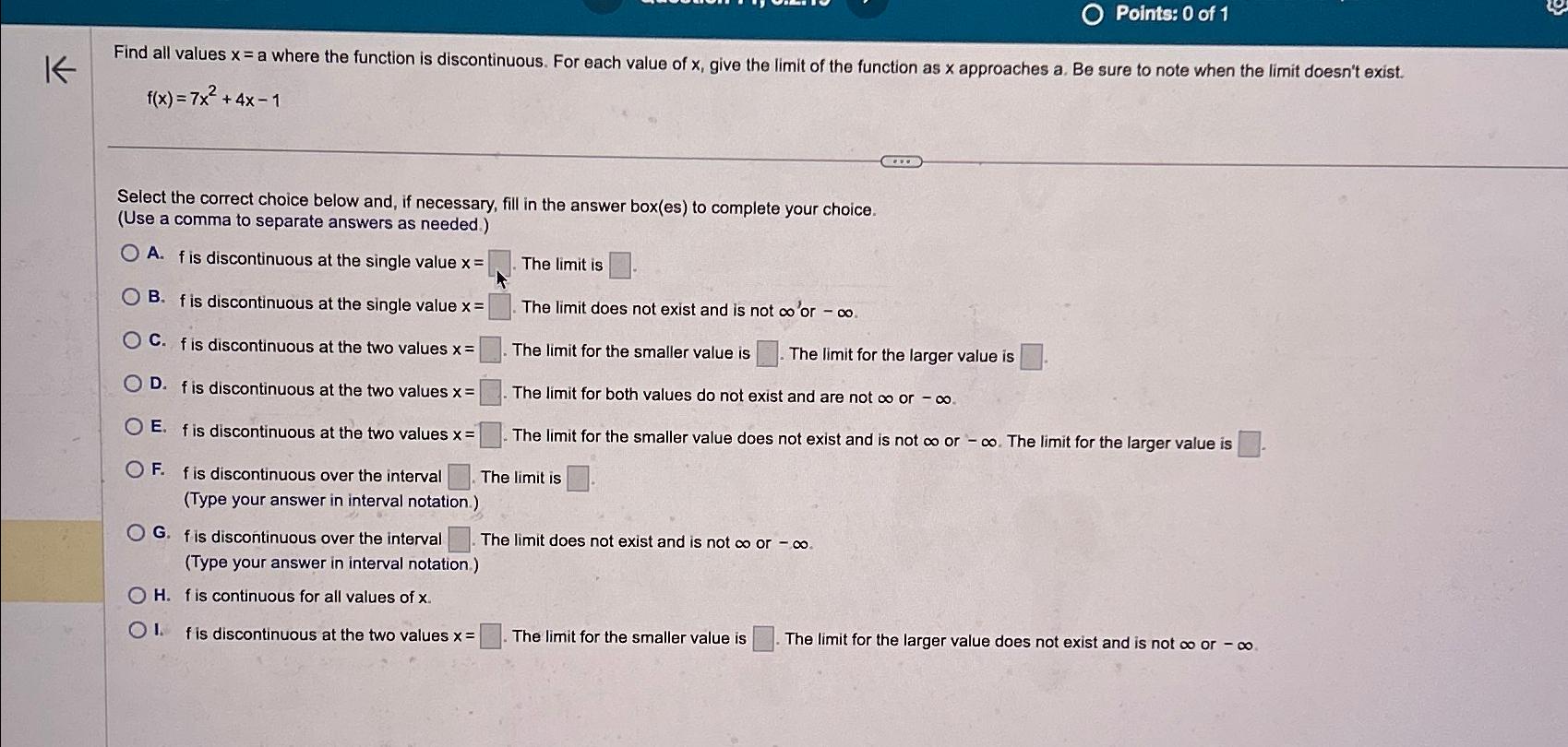 Solved Points: 0 ﻿of 1Find all values x=a where the function | Chegg.com