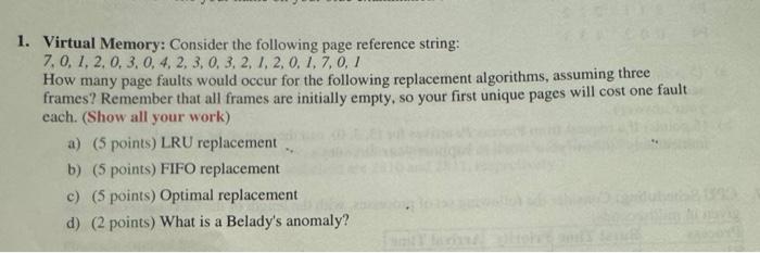 Solved 1. Virtual Memory: Consider the following page | Chegg.com
