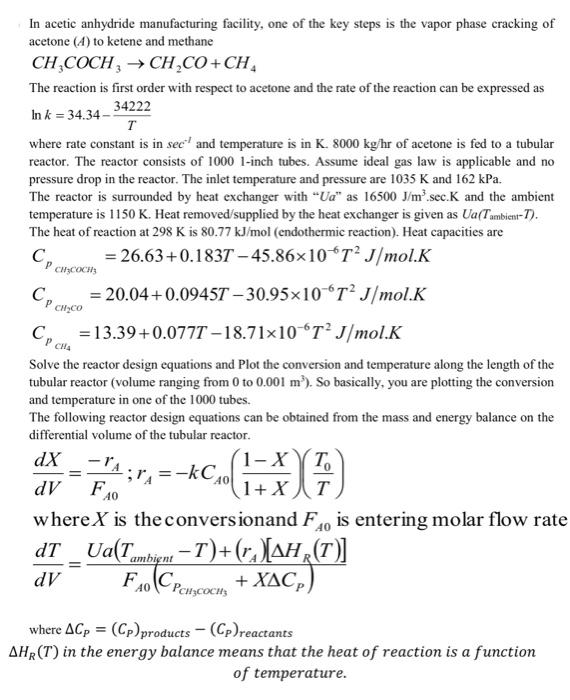 Solved In acetic anhydride manufacturing facility, one of | Chegg.com