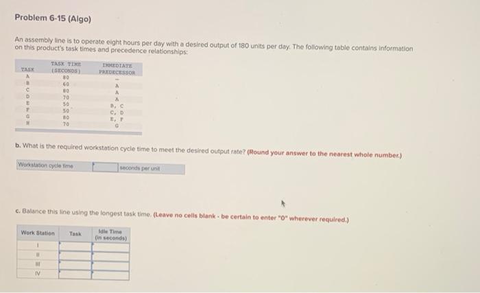 Solved Problem 6-15 (Algo) An assembly line is to operate | Chegg.com