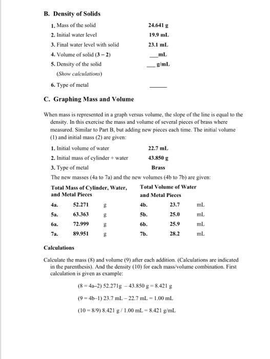 Solved B. Density of Solids 1. Mass of the solid 2. Initial | Chegg.com