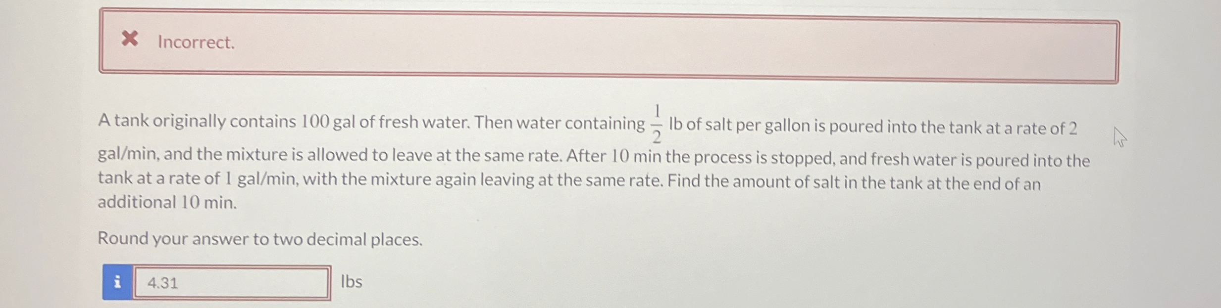 Solved X Incorrect.A tank originally contains 100 ﻿gal of | Chegg.com
