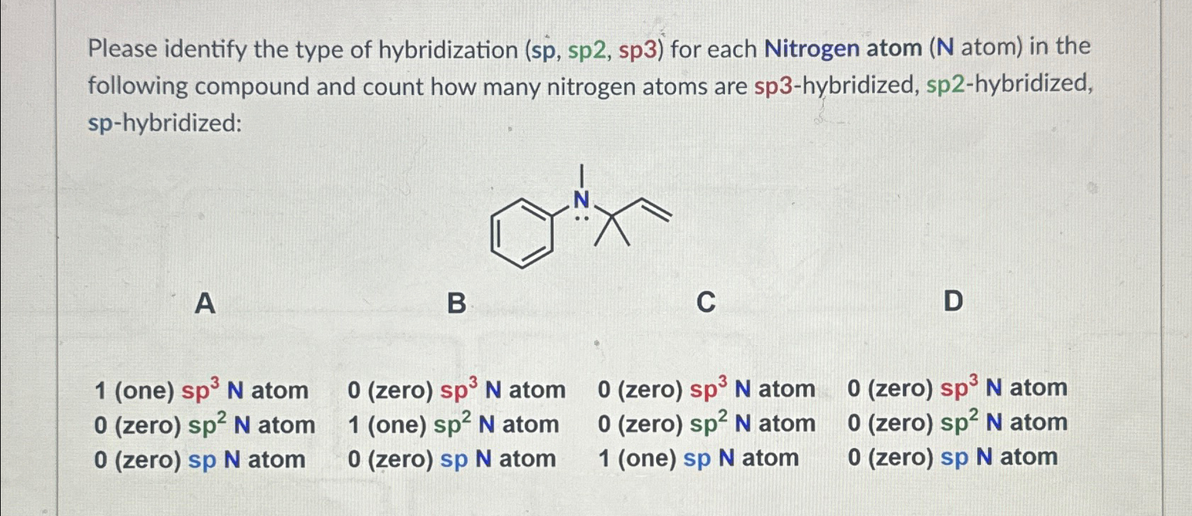 Solved Please identify the type of hybridization (sp, ﻿sp2, | Chegg.com
