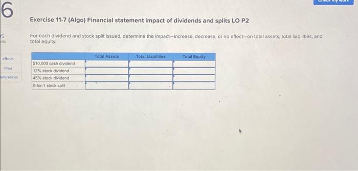 Solved Exercise 11-7 (Algo) Financial statement impact of | Chegg.com