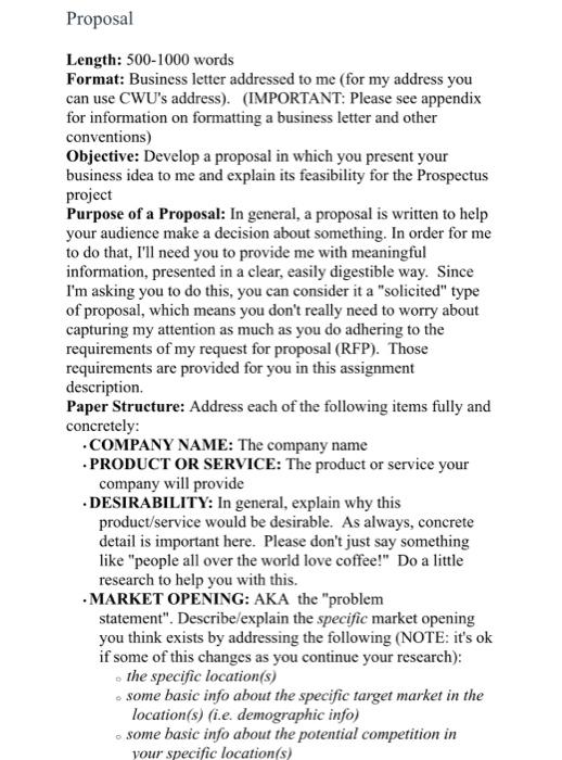 Solved Proposal Length: 500-1000 words Format: Business | Chegg.com