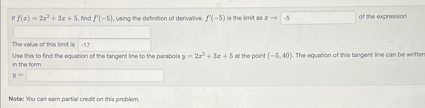 Solved If f(x)=2x2+3x+5, ﻿find f'(-5), ﻿using the definition | Chegg.com