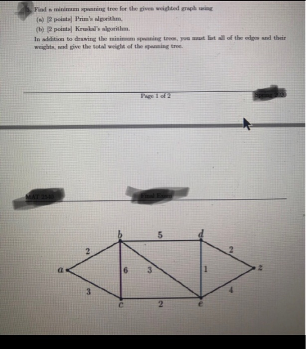 Solved Find a minimum spanning tree for the given weighted | Chegg.com