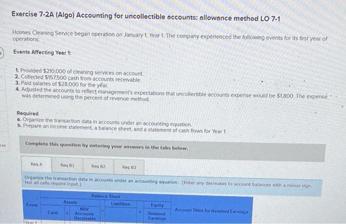 Solved Exercise 7-2A (Algo) Accounting for uncollectible | Chegg.com