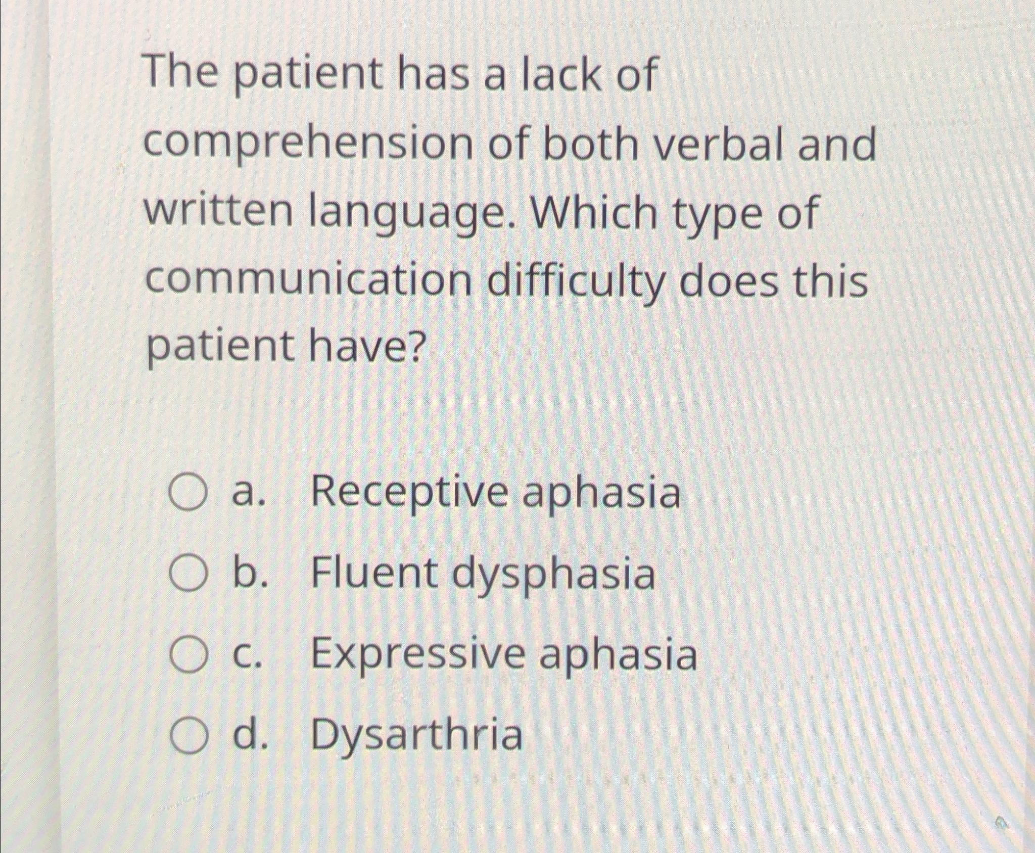 Solved The patient has a lack of comprehension of both | Chegg.com