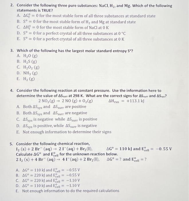 Solved 2. Consider the following three pure substances: | Chegg.com