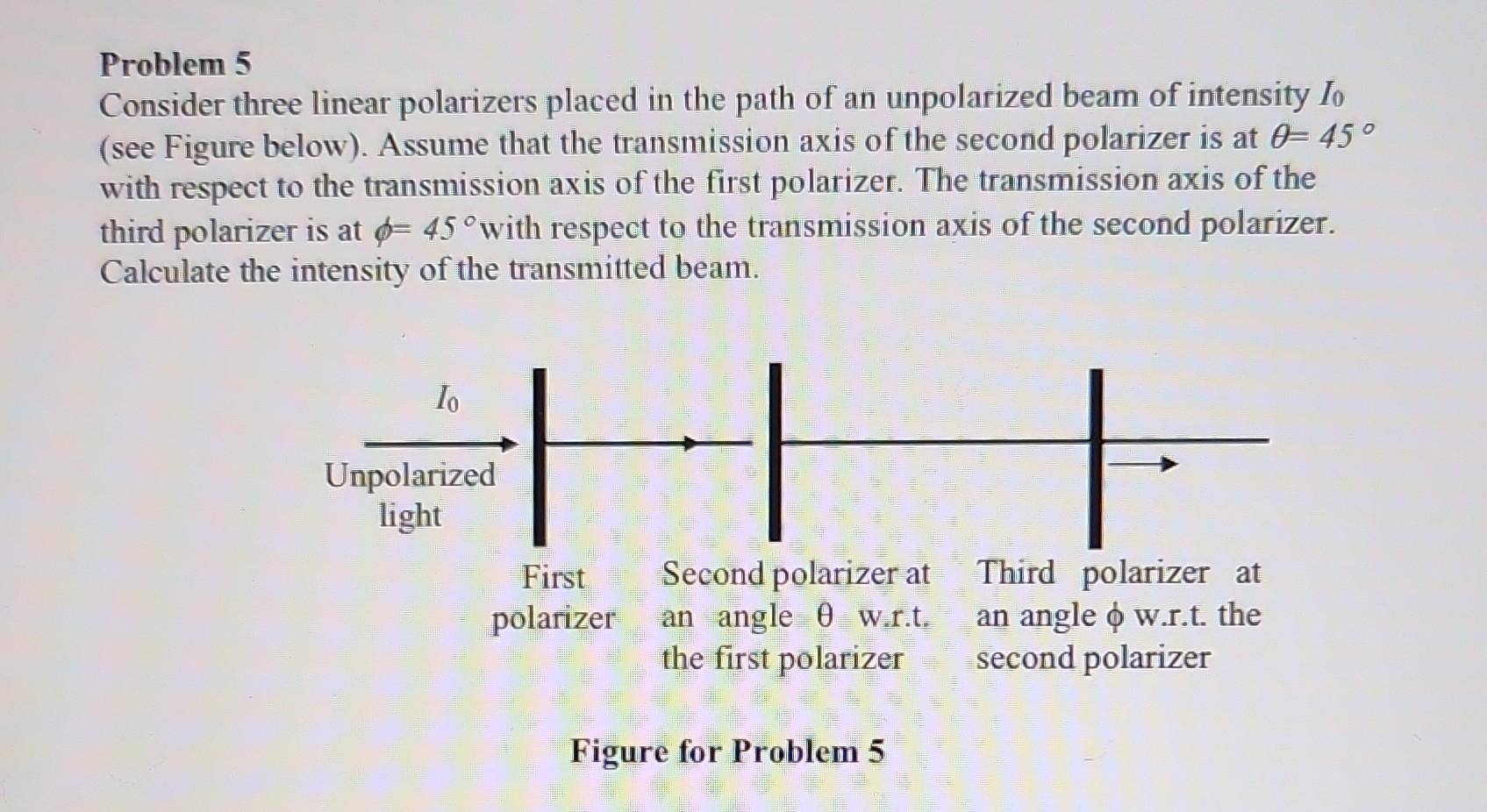 Solved Problem 5 Consider three linear polarizers placed in | Chegg.com
