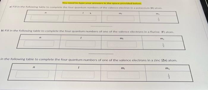 Solved the following table to complete the four quantum | Chegg.com