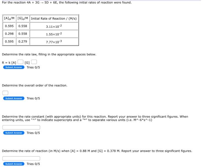 Solved For the reaction 4A+3G→5D+6E, the following initial | Chegg.com