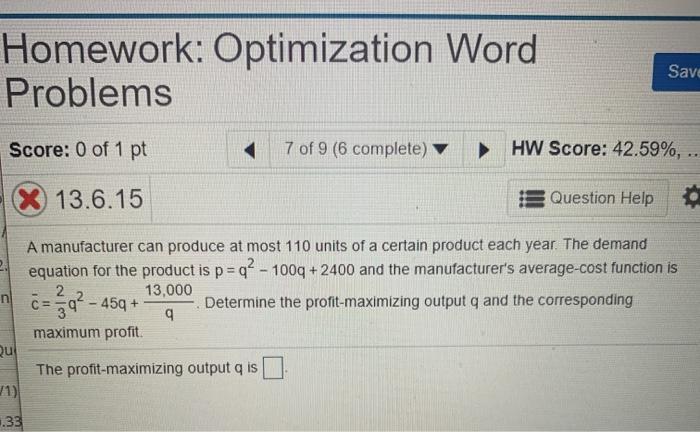 Solved Homework: Optimization Word Problems Save Score: 0 of | Chegg.com