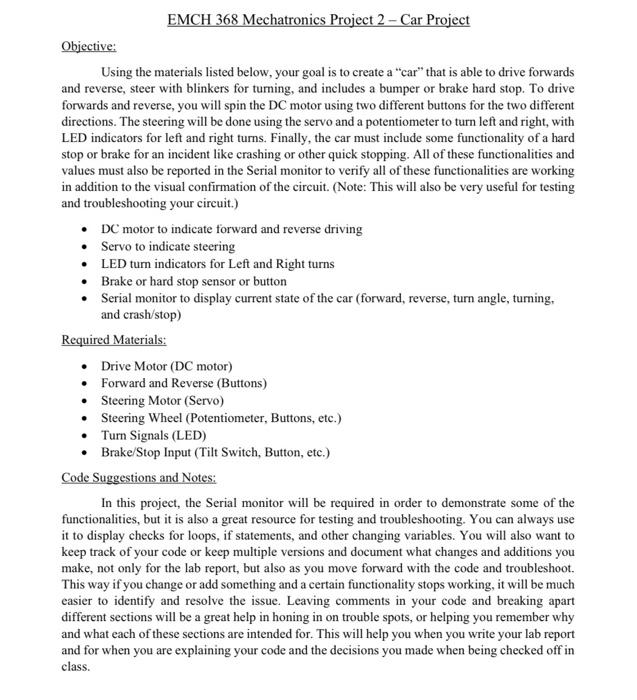 Solved EMCH 368 Mechatronics Project 2 - Car Project | Chegg.com