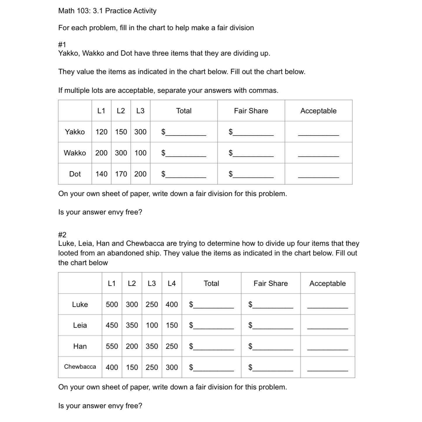 Solved Math 103: 3.1 ﻿Practice ActivityFor each problem, | Chegg.com
