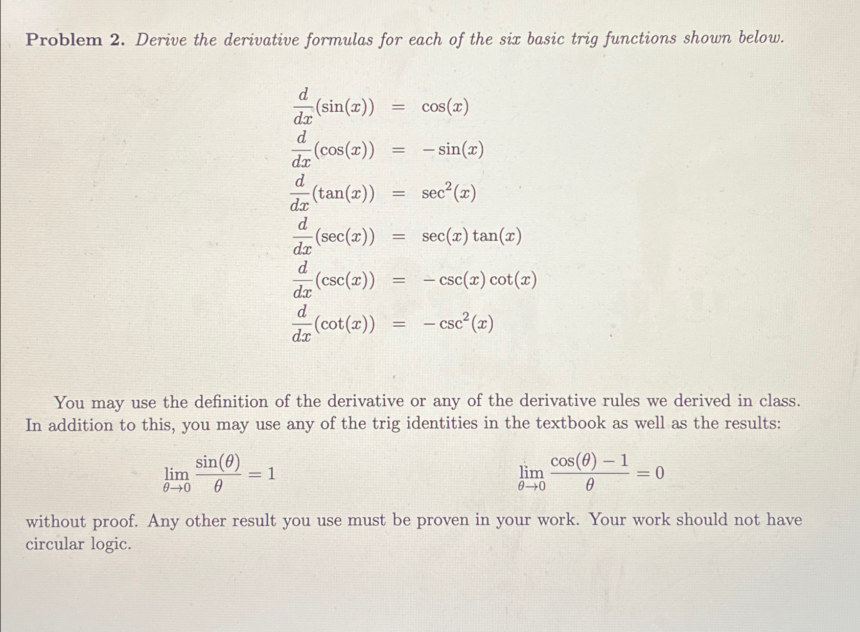 Solved Problem 2. ﻿Derive the derivative formulas for each | Chegg.com