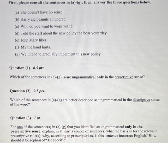 First, please consult the sentences in (a)-(g); then, | Chegg.com