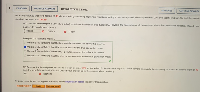 Solved 1/4 POINTS PREVIOUS ANSWERS DEVORESTAT9 7.9.013. MY | Chegg.com