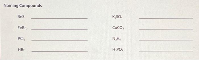 Solved Naming Compounds BeS FeBr3 PCI s HBr K₂SO4 CUCO3 N₂H4 | Chegg.com