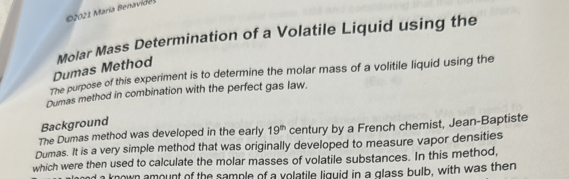 Solved (c)2021 ﻿Maria BenavidesMolar Mass Determination of a | Chegg.com