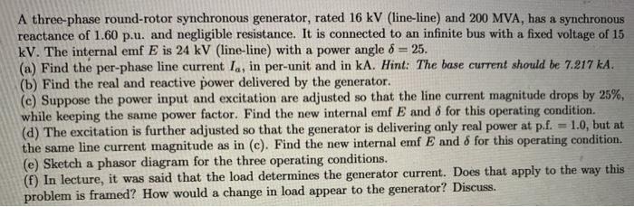 Solved A three-phase round-rotor synchronous generator, | Chegg.com