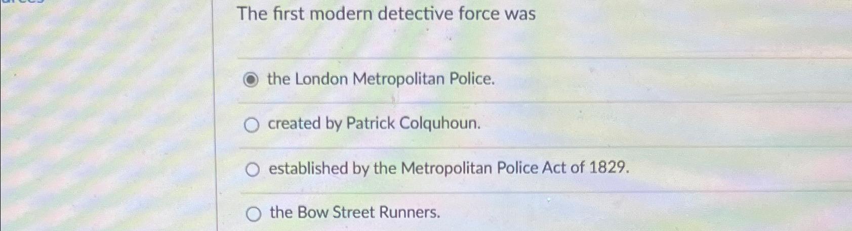 Solved The first modern detective force wasthe London | Chegg.com
