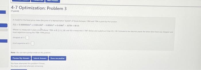 Solved 4-7 Optimization: Problem 3 (1 point) A model for the | Chegg.com