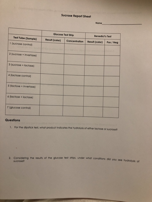 Sucrose Report Sheet Test Tube (Sample) Glucose Test | Chegg.com
