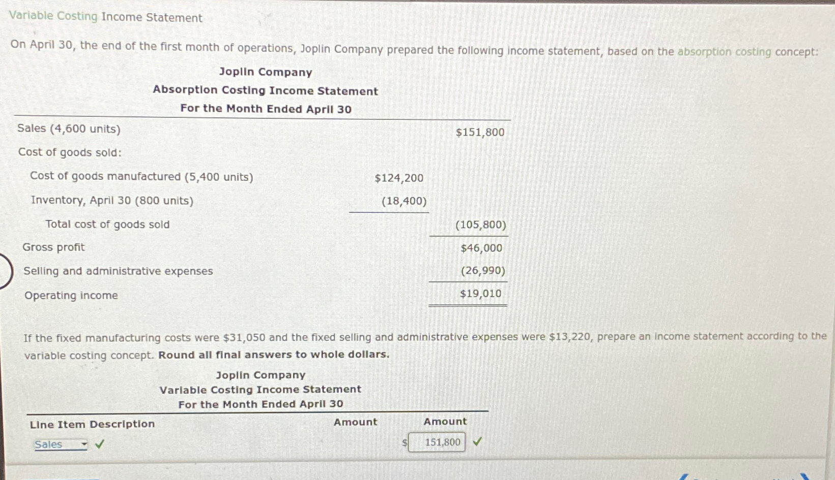 Solved Variable Costing Income Statementon April 30 ﻿the 4432