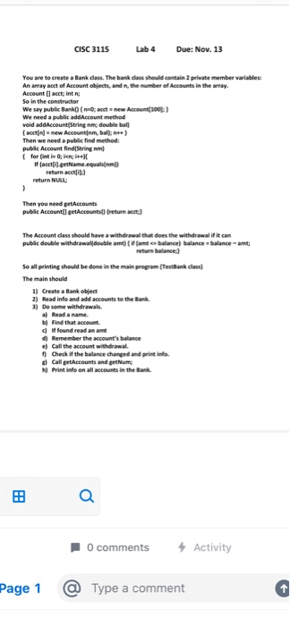 CISC 3115 Lab 4 Due: Nov. 13 You are to create a Bank | Chegg.com