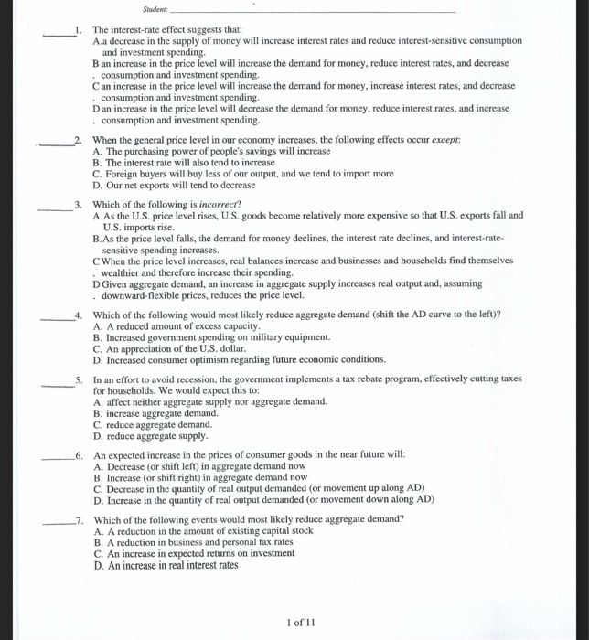 Solved Student: The interest-rate effect suggests that: A a | Chegg.com