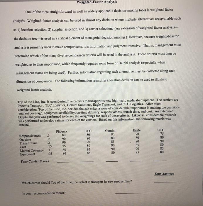 Solved Weighted-Factor Analysis One of the most | Chegg.com